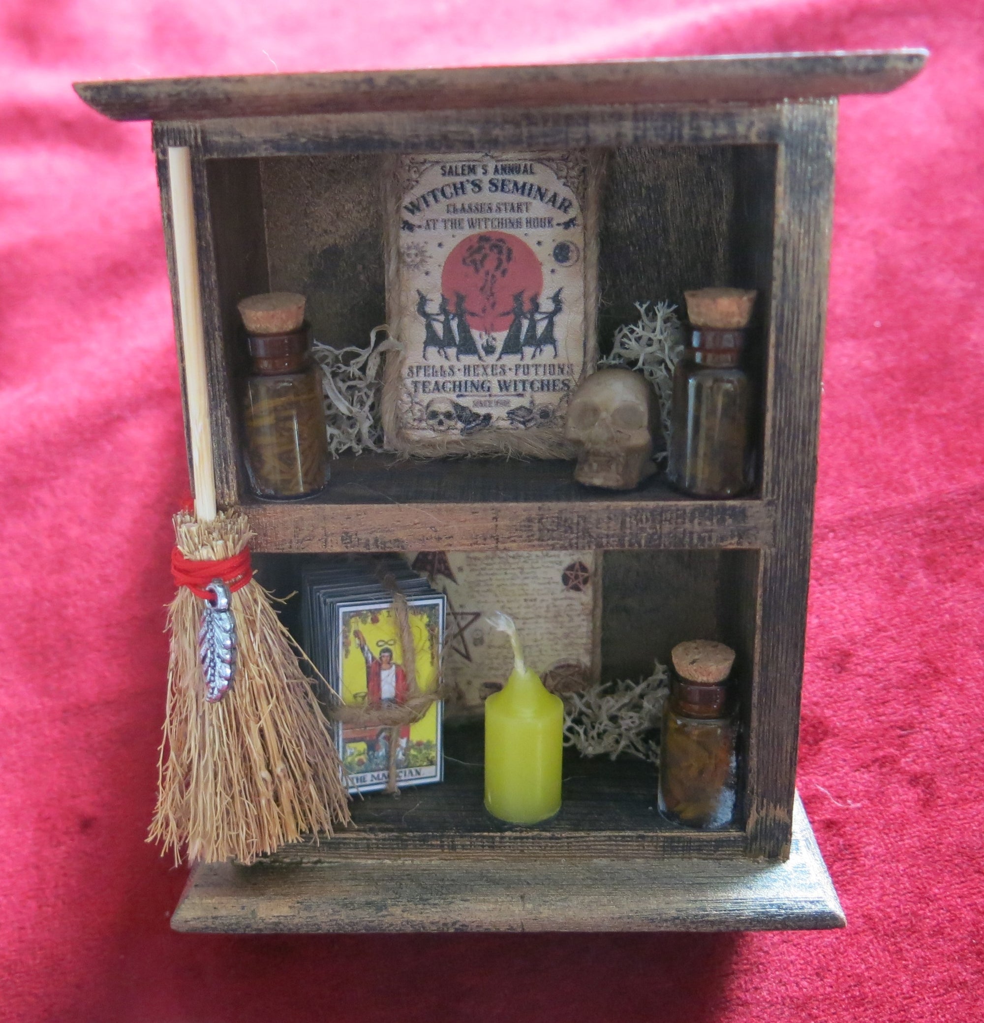 Witchcraft shelf, Witch broom, miniature tarot | Witchcraft cabinet ...