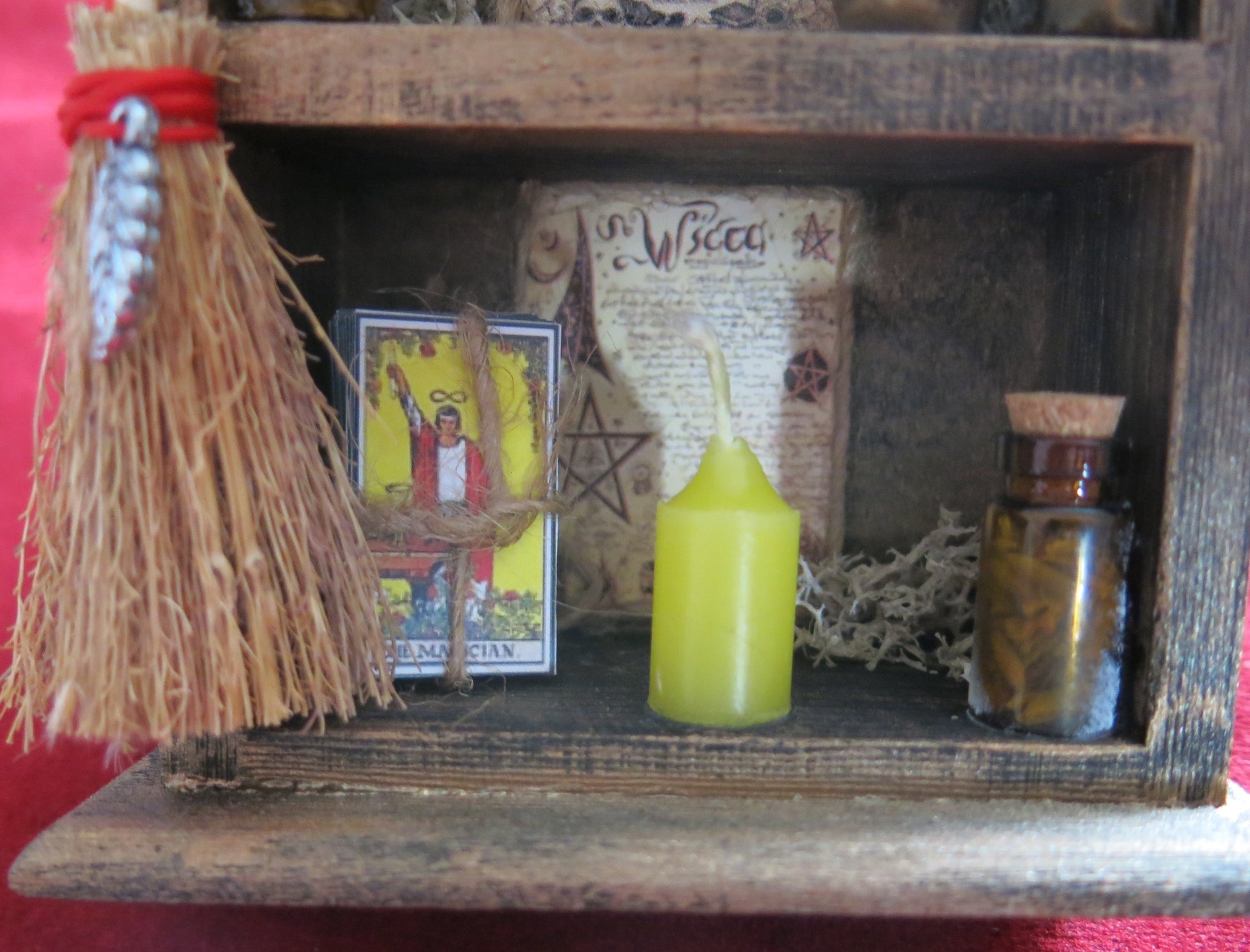 Witchcraft shelf, Witch broom, miniature tarot | Witchcraft cabinet ...